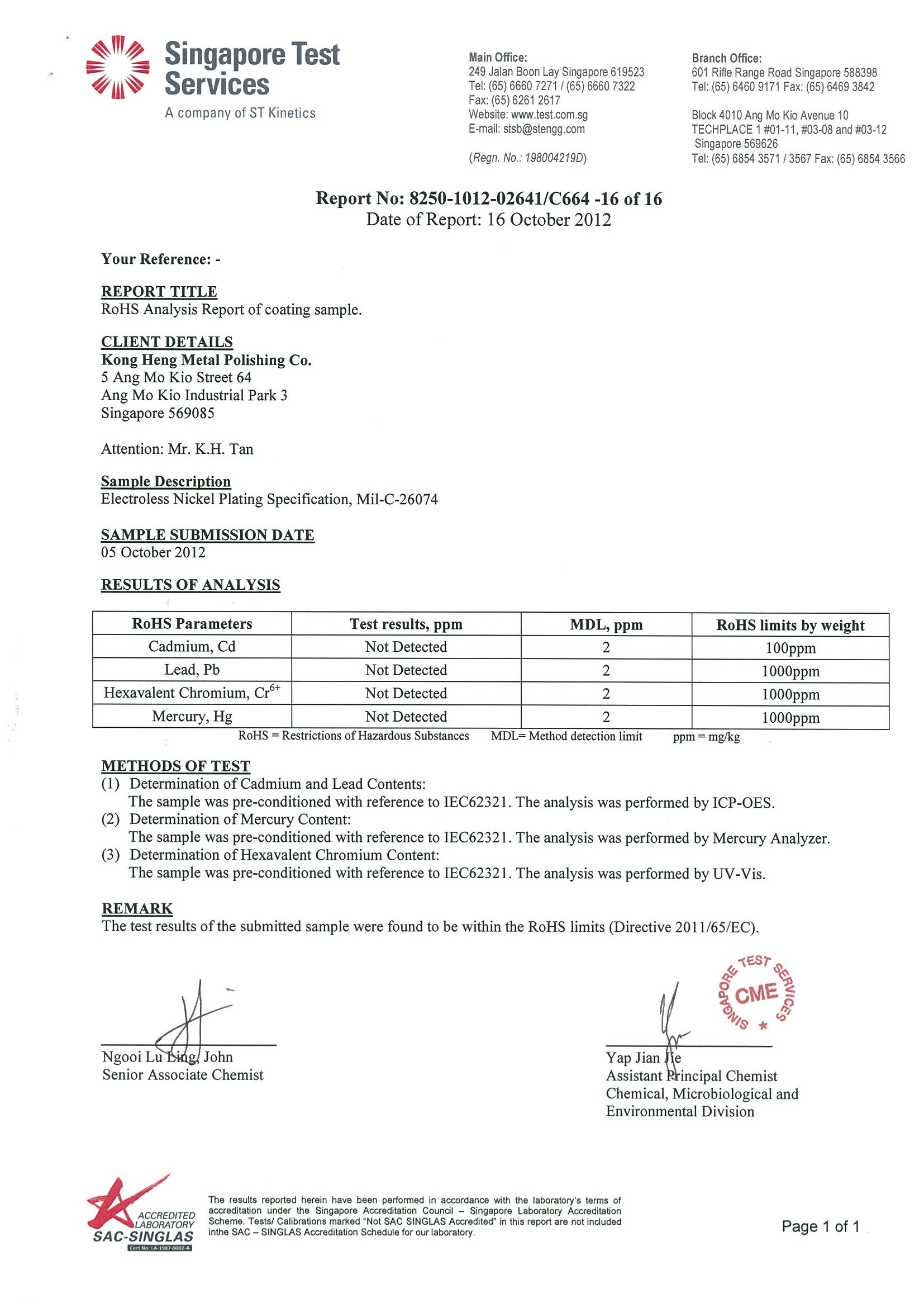 Test Certificate | KONG HENG METAL POLISHING CO'